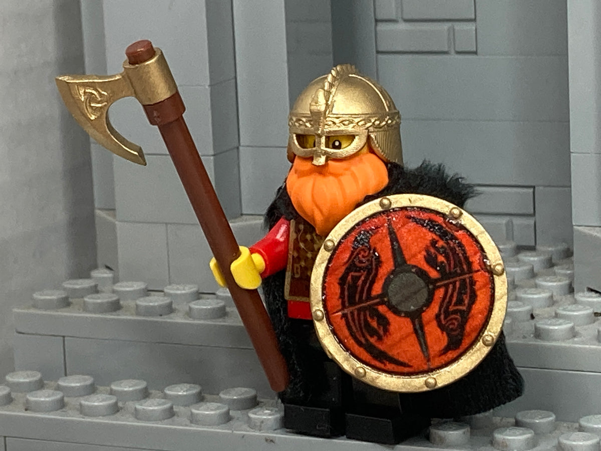 Viking King w/Custom Helm, Axe & Shield! (in Gold) – Little Brick Armory